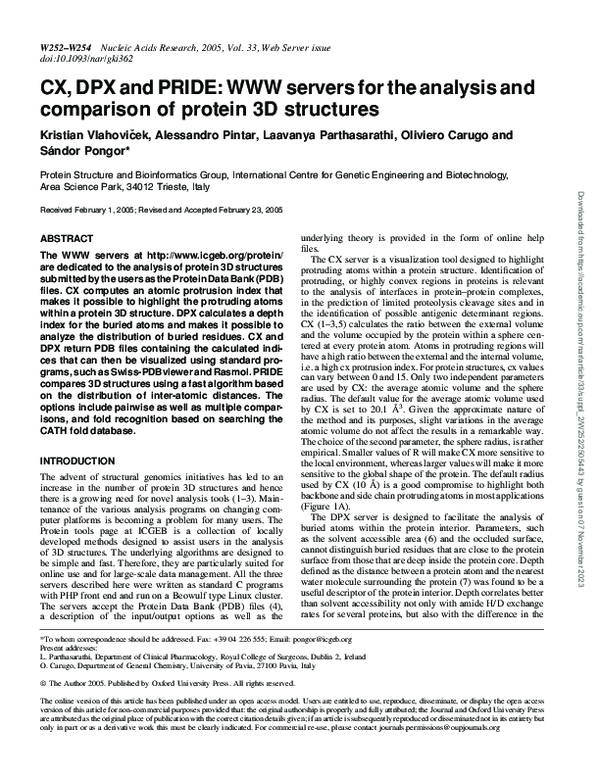 (PDF) CX, DPX and PRIDE: WWW servers for the analysis and comparison of protein 3D structures