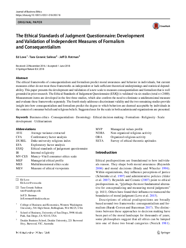 (PDF) The Ethical Standards of Judgment Questionnaire: Development and Validation of Independent ...