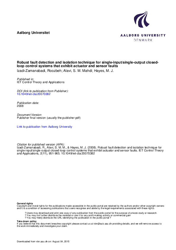 Pdf Robust Fault Detection And Isolation Technique For Single Input