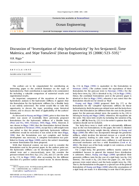 (PDF) Discussion of "Investigation of ship hydroelasticity" by Ivo ...