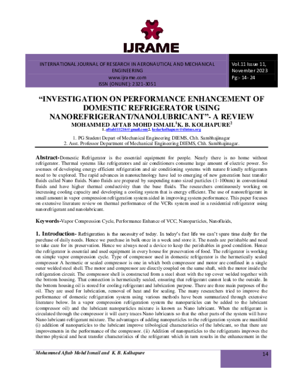 (PDF) "INVESTIGATION ON PERFORMANCE ENHANCEMENT OF DOMESTIC REFRIGERATOR USING NANOREFRIGERANT ...