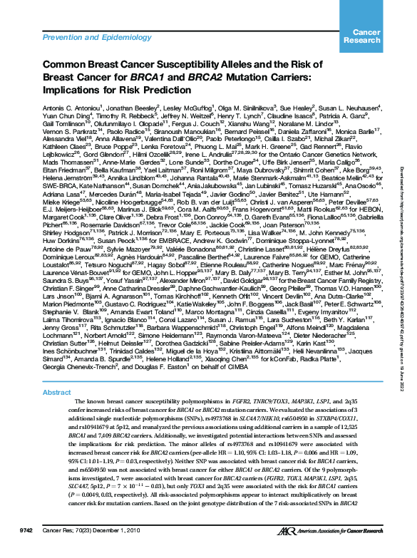 (PDF) Common Breast Cancer Susceptibility Alleles and the Risk of Breast Cancer for BRCA1 and ...