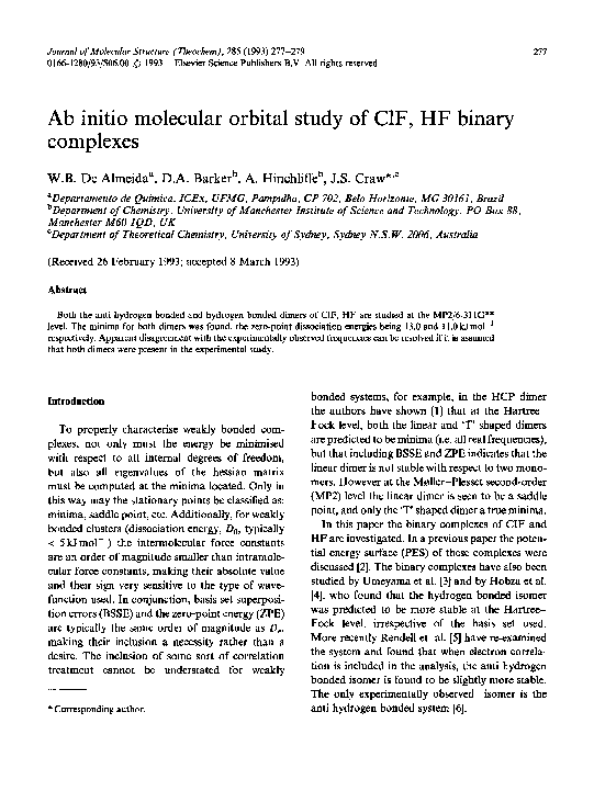 (PDF) Ab initio molecular orbital study of C1F, HF binary complexes