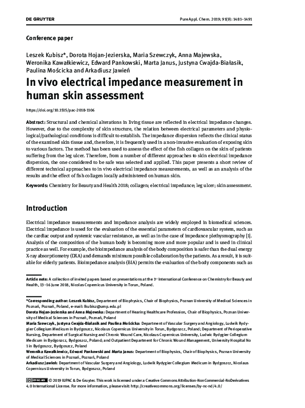 Pdf In Vivo Electrical Impedance Measurement In Human Skin Assessment