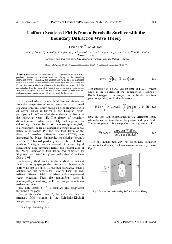 (PDF) The Uniform Scattered Fields from a Parabolic Surface with the Boundary Diffraction Wave ...