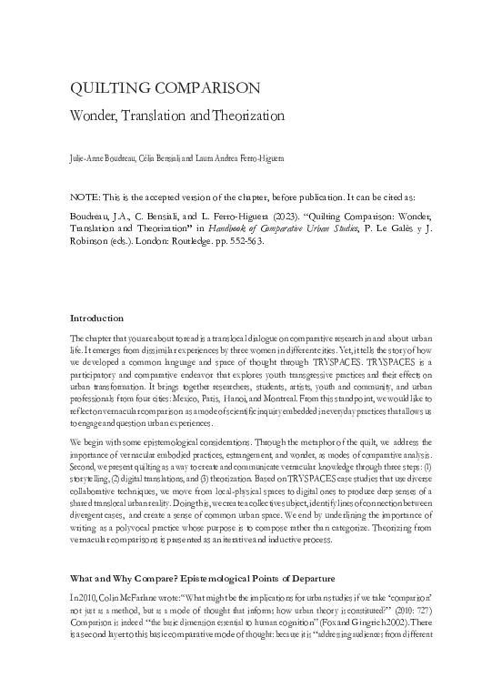 (PDF) Quilting comparison: Wonder, translation and theorization