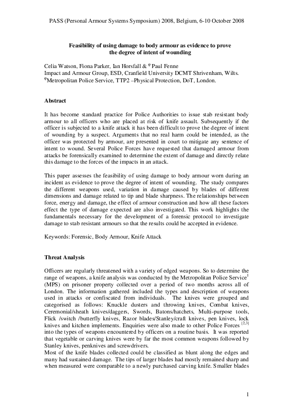 (PDF) Feasibility of using damage to body armour as evidence to prove ...