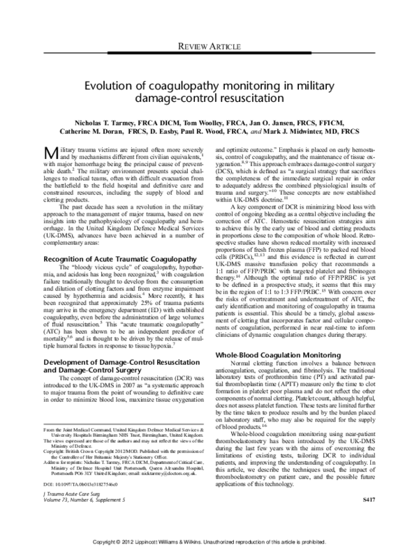 (PDF) Evolution of coagulopathy monitoring in military damage-control ...