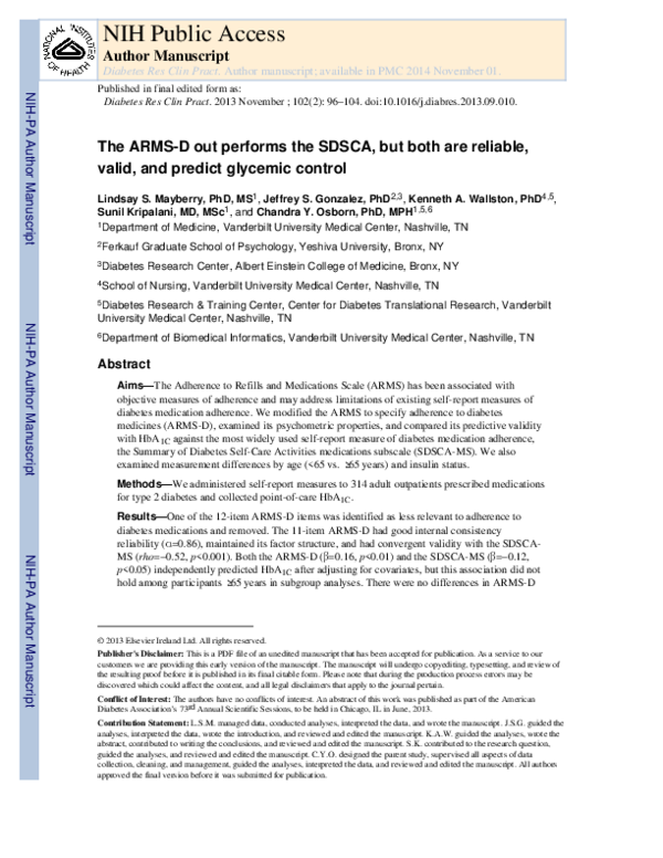 (PDF) The ARMS-D out performs the SDSCA, but both are reliable, valid ...