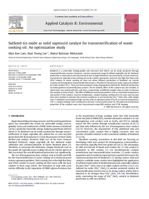 (PDF) Sulfated tin oxide as solid superacid catalyst for ...