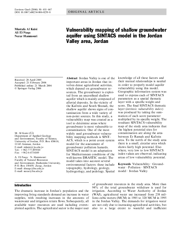 Pdf Vulnerability Mapping Of Shallow Groundwater Aquifer Using Sintacs Model In The Jordan