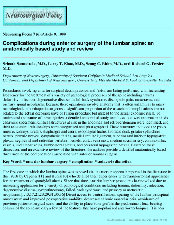 (PDF) Complications during anterior surgery of the lumbar spine: an ...