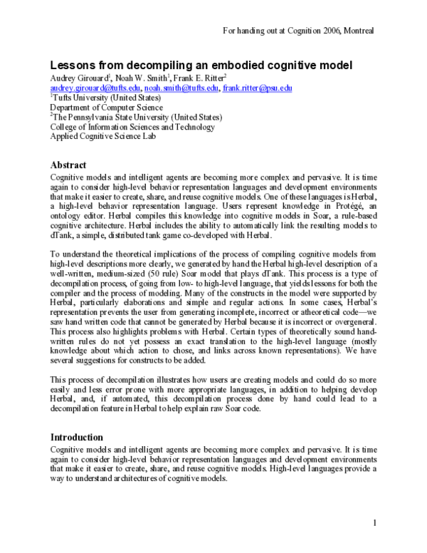 (PDF) Lessons from decompiling an embodied cognitive model
