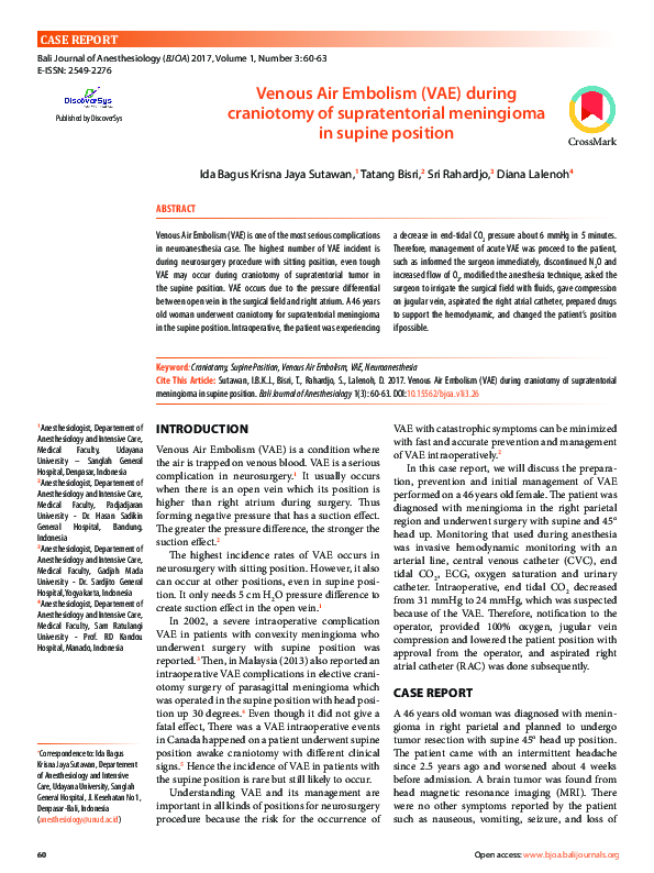 (PDF) Venous Air Embolism (VAE) during craniotomy of supratentorial ...