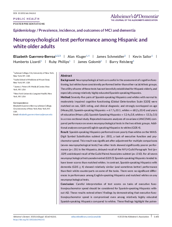(PDF) Neuropsychological test performance among Hispanic and white ...