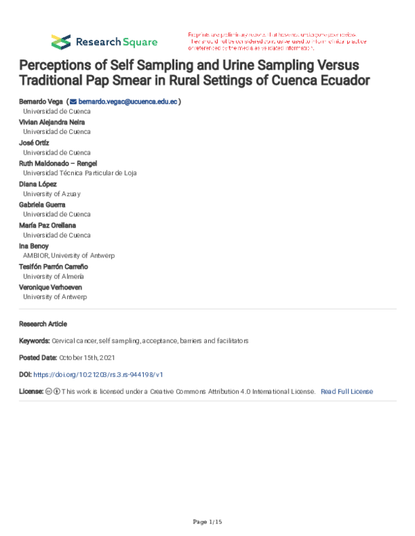 (PDF) Perceptions of Self Sampling and Urine Sampling Versus ...