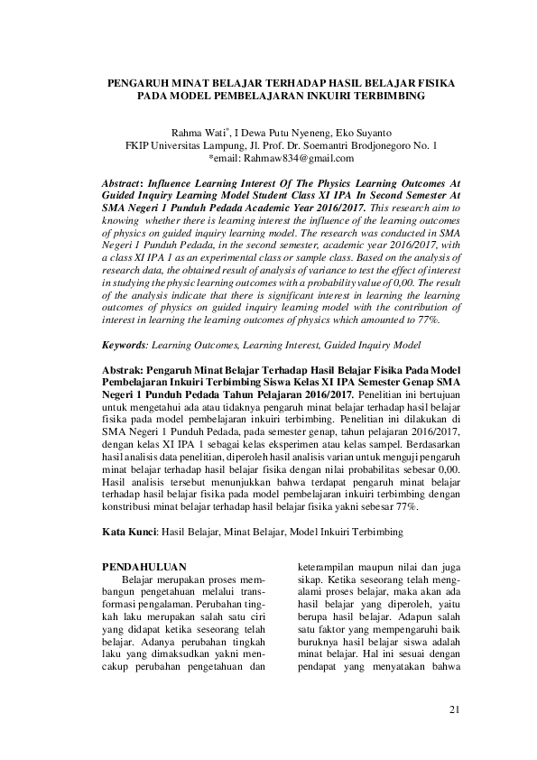 (PDF) Pengaruh Minat Belajar Terhadap Hasil Belajar Fisika Pada Model Pembelajaran Inkuiri ...