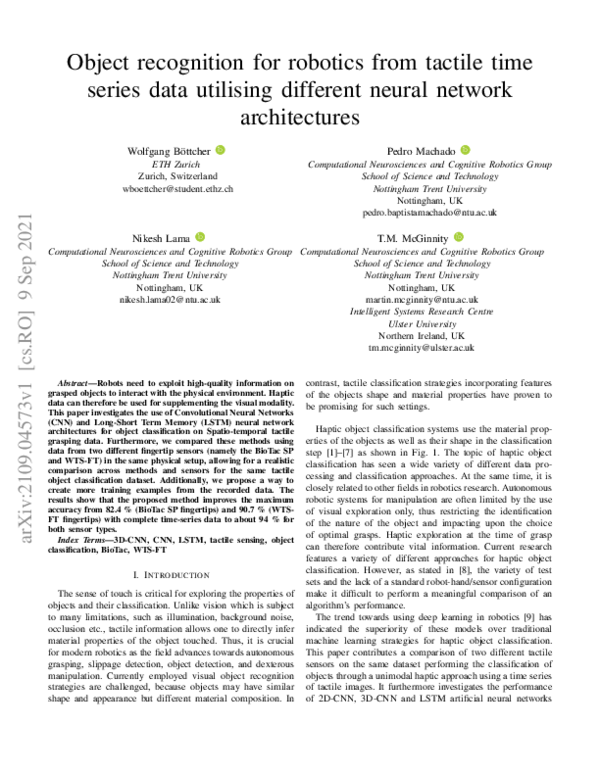 Pdf Object Recognition For Robotics From Tactile Time Series Data