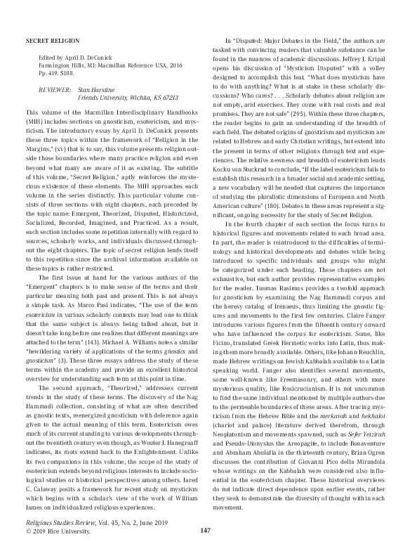 (PDF) SECRET RELIGION. Edited by April D.DeConick. Farmington Hills, MI ...