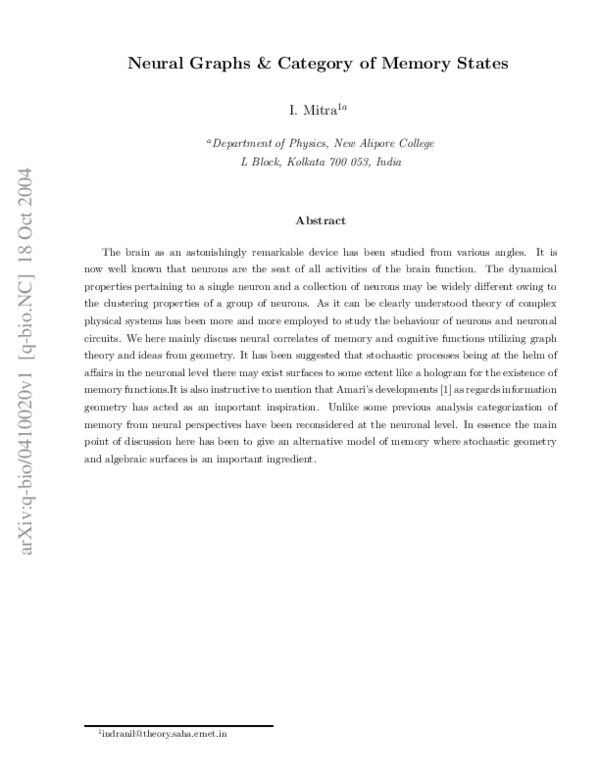 (PDF) Neural Graphs and Category of Memory States