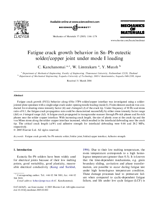 (PDF) Fatigue crack growth behavior in Sn–Pb eutectic solder/copper joint under mode I loading