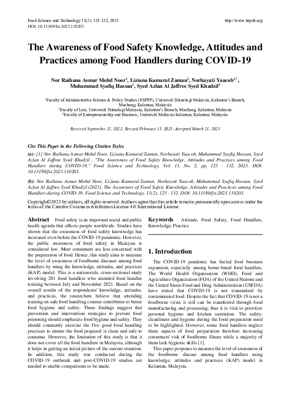 (PDF) The Awareness of Food Safety Knowledge, Attitudes and Practices ...