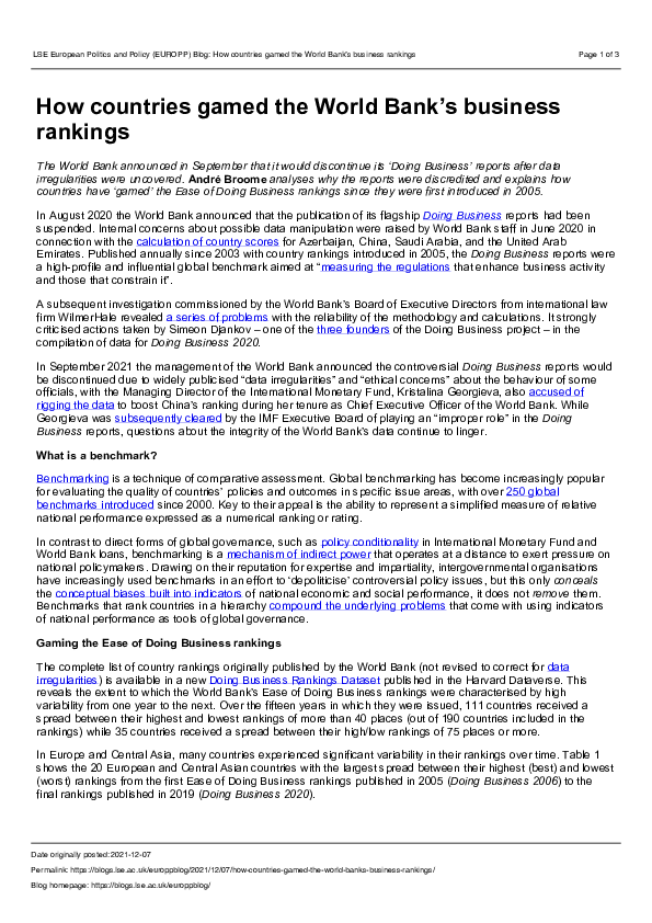 (PDF) How countries gamed the World Bank's business rankings