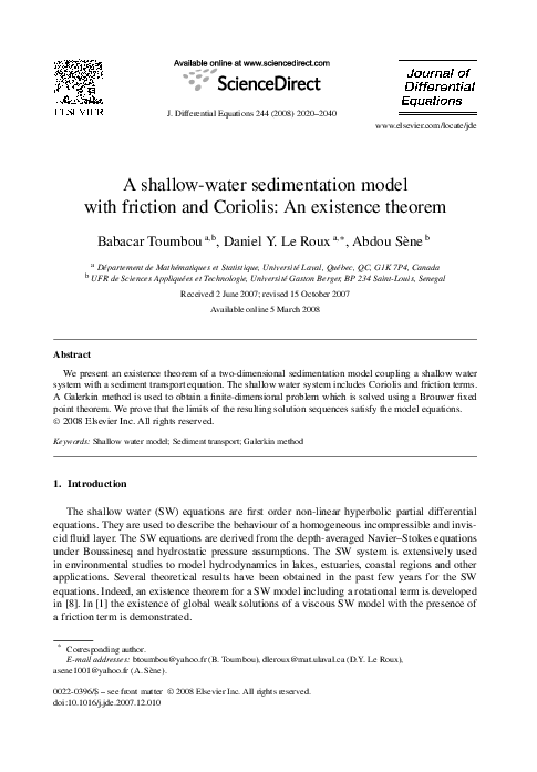 (PDF) A shallow-water sedimentation model with friction and Coriolis: An existence theorem