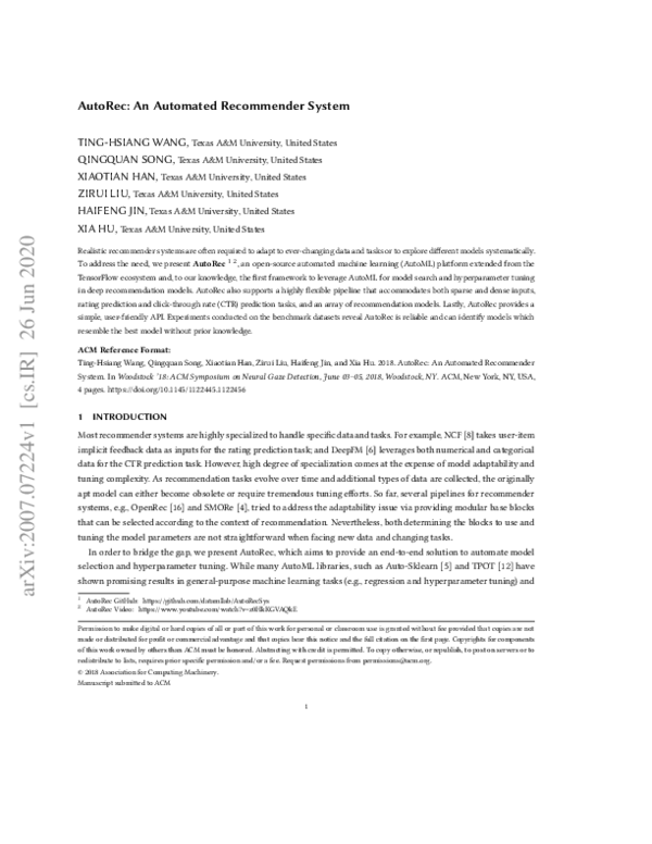 (PDF) AutoRec: An Automated Recommender System