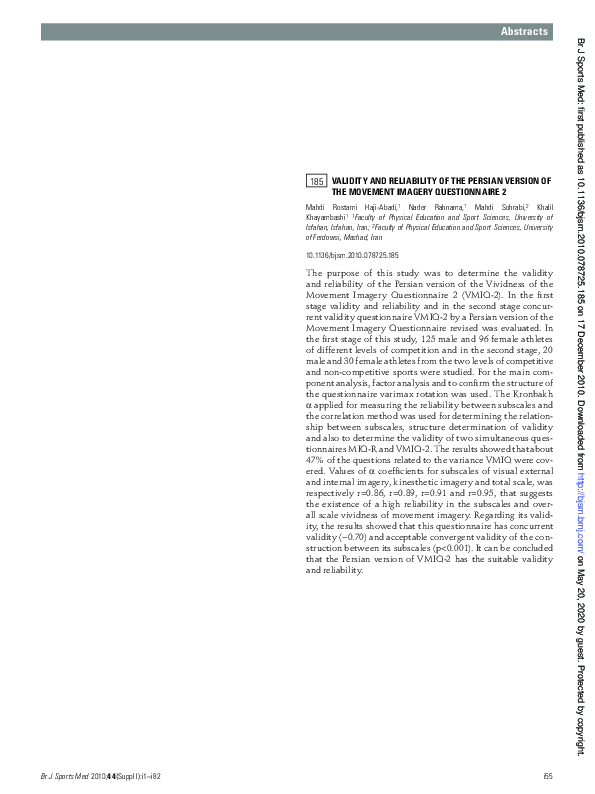 (PDF) Validity and reliability of the Persian version of the Movement Imagery Questionnaire 2 ...