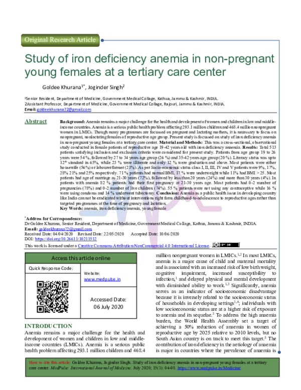 (PDF) Study of iron deficiency anemia in non-pregnant young females at ...