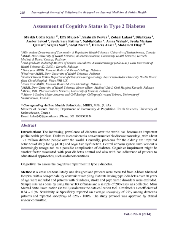 (PDF) Assessment of Cognitive Status in Type 2 Diabetes