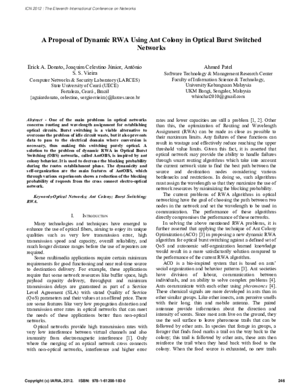(PDF) A Proposal of Dynamic RWA Using Ant Colony in Optical Burst Switched Networks