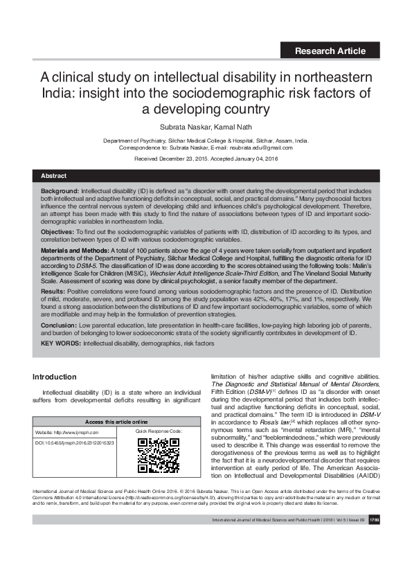 (PDF) A clinical study on intellectual disability in northeastern India ...