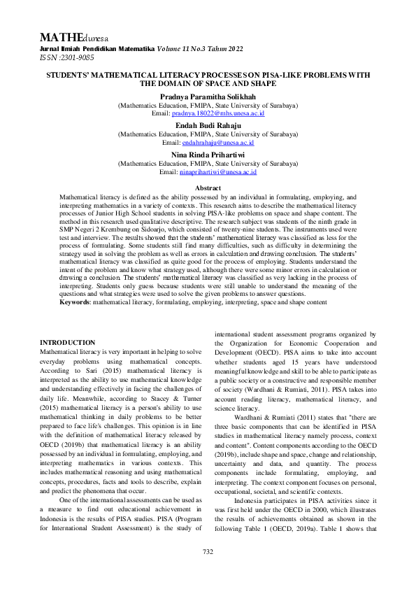 (PDF) Students' Mathematical Literacy Processes on PISA-Like Tasks with ...
