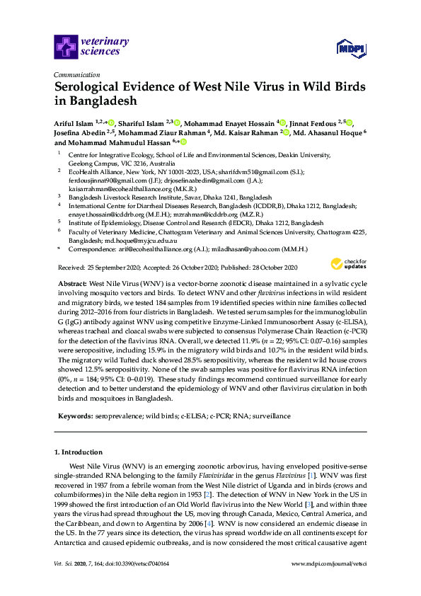 (PDF) Serological evidence of West Nile virus in wild birds in Bangladesh