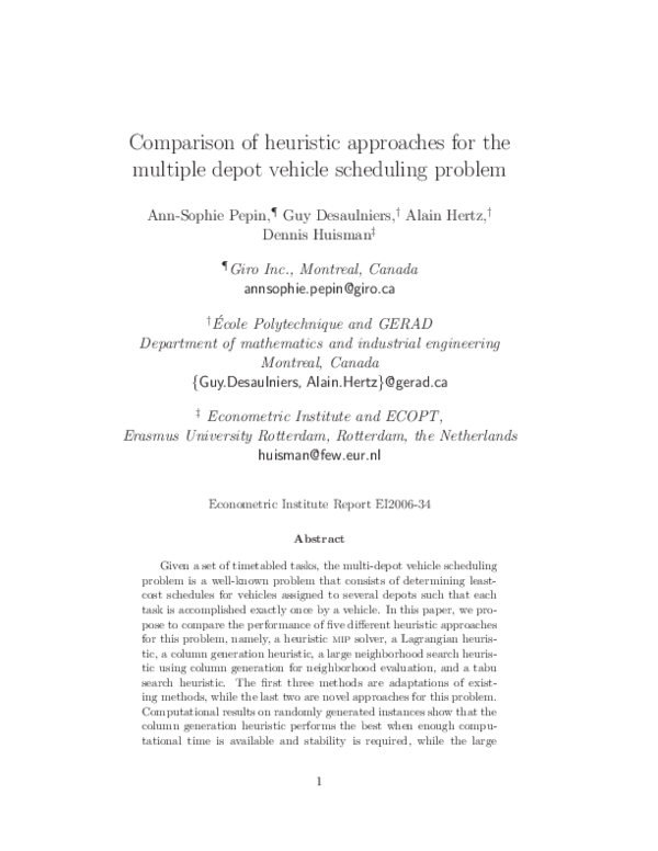 Pdf A Comparison Of Five Heuristics For The Multiple Depot Vehicle Scheduling Problem
