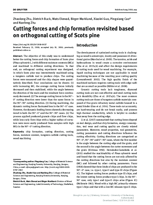 Pdf Cutting Forces And Chip Formation Revisited Based On Orthogonal Cutting Of Scots Pine