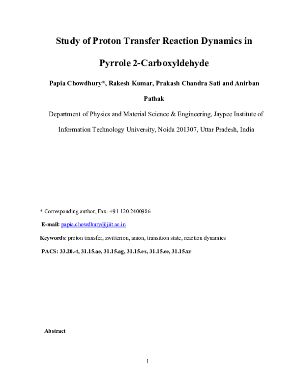 (PDF) Study of Proton Transfer Reaction Dynamics in Pyrrole 2 ...