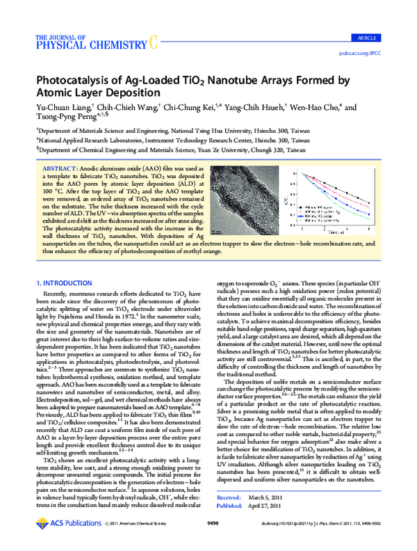 (PDF) Photocatalysis of Ag-Loaded TiO2 Nanotube Arrays Formed by Atomic Layer Deposition