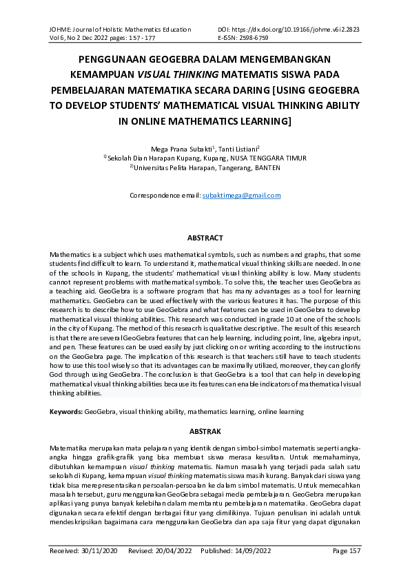 (PDF) Penggunaan Geogebra Dalam Mengembangkan Kemampuan Visual Thinking Matematis Siswa Pada ...