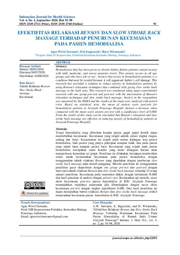 (PDF) Efektifitas Relaksasi Benson Dan Slow Stroke Back ﻿ Massage ...