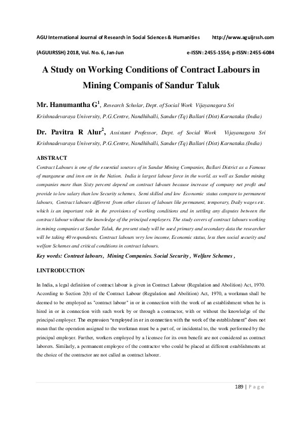 (PDF) A Study on Working Conditions of Contract Labours in Mining ...