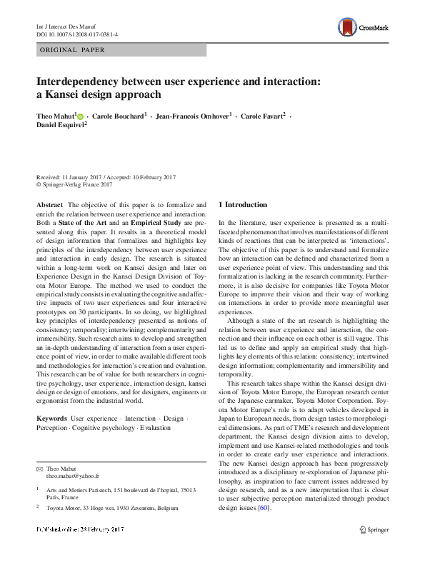 (PDF) Interdependency between user experience and interaction: a Kansei design approach