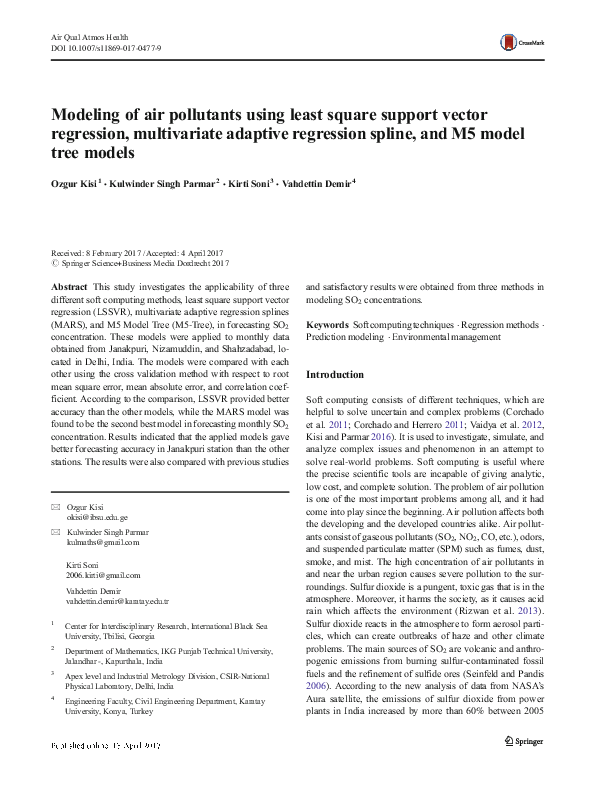 Pdf Modeling Of Air Pollutants Using Least Square Support Vector Regression Multivariate