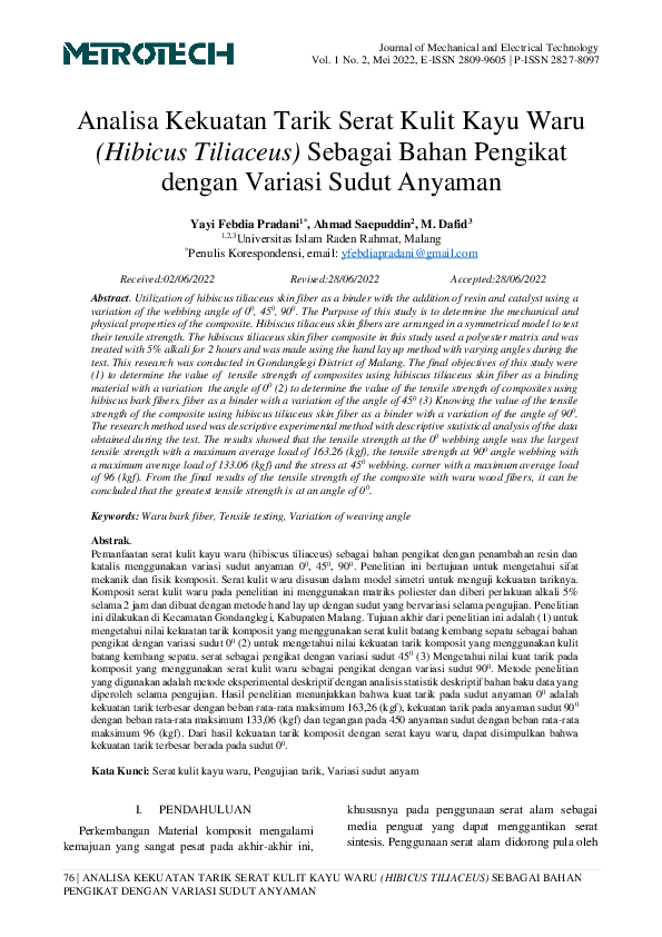 (PDF) Analisa Kekuatan Tarik Serat Kulit Kayu Waru (Hibicus Tiliaceus ...