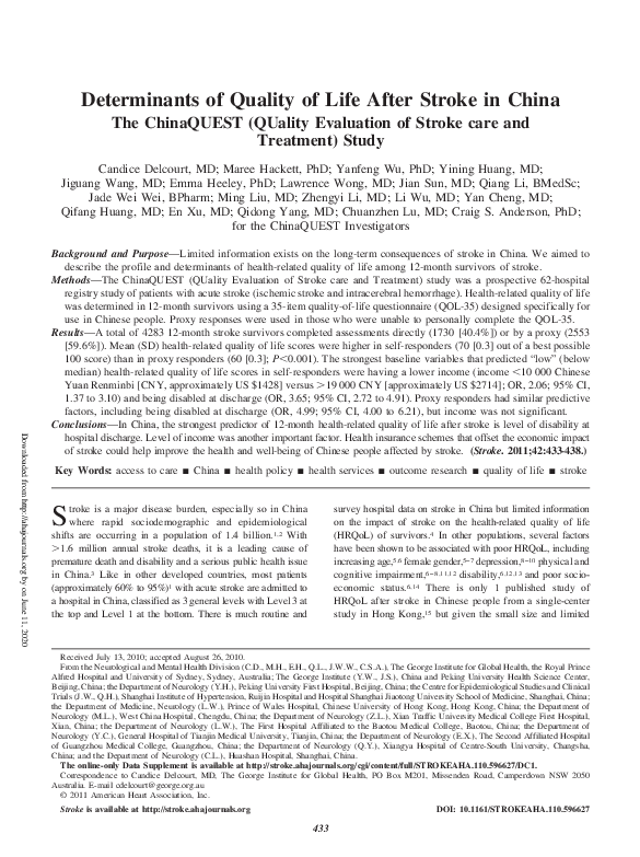 (PDF) Determinants of Quality of Life After Stroke in China