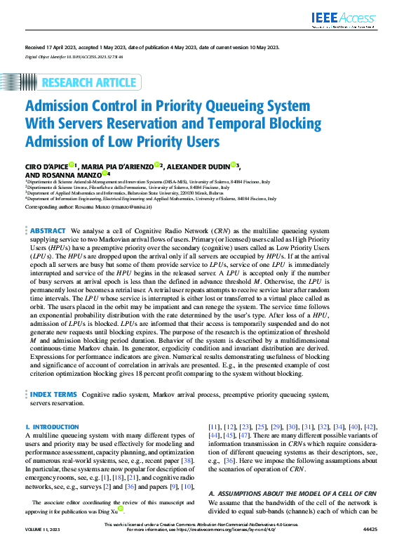 Pdf Admission Control In Priority Queueing System With Servers Reservation And Temporal