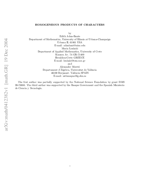 (PDF) Homogeneous products of characters