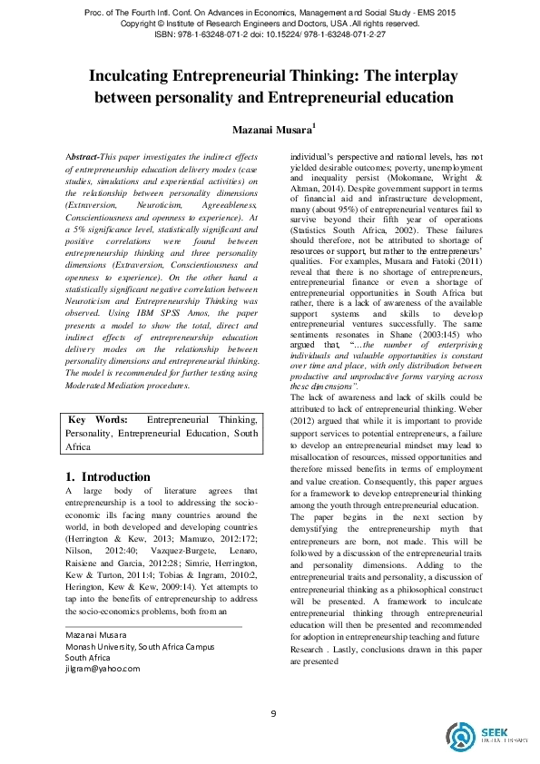 (PDF) Inculcating Entrepreneurial Thinking The interplay between ...